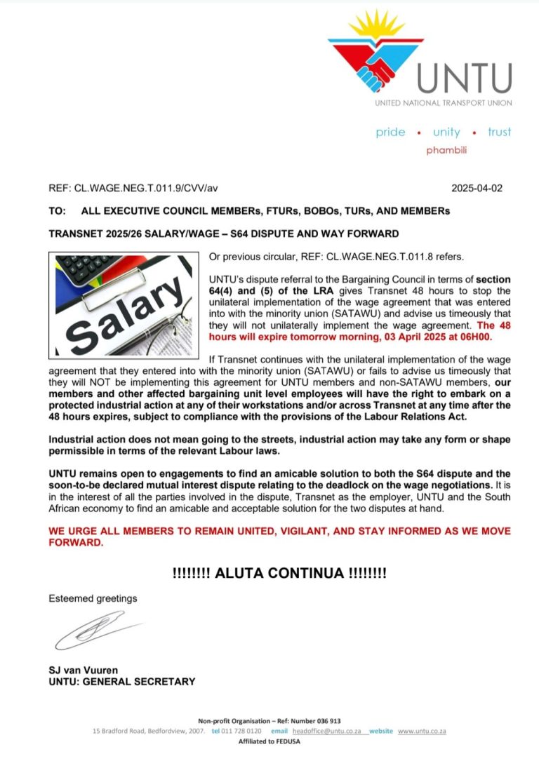 Transnet 2025/26 SALARY/WAGE UPDATE: S64 DISPUTE AND WAY FORWARD – UNTU ...
