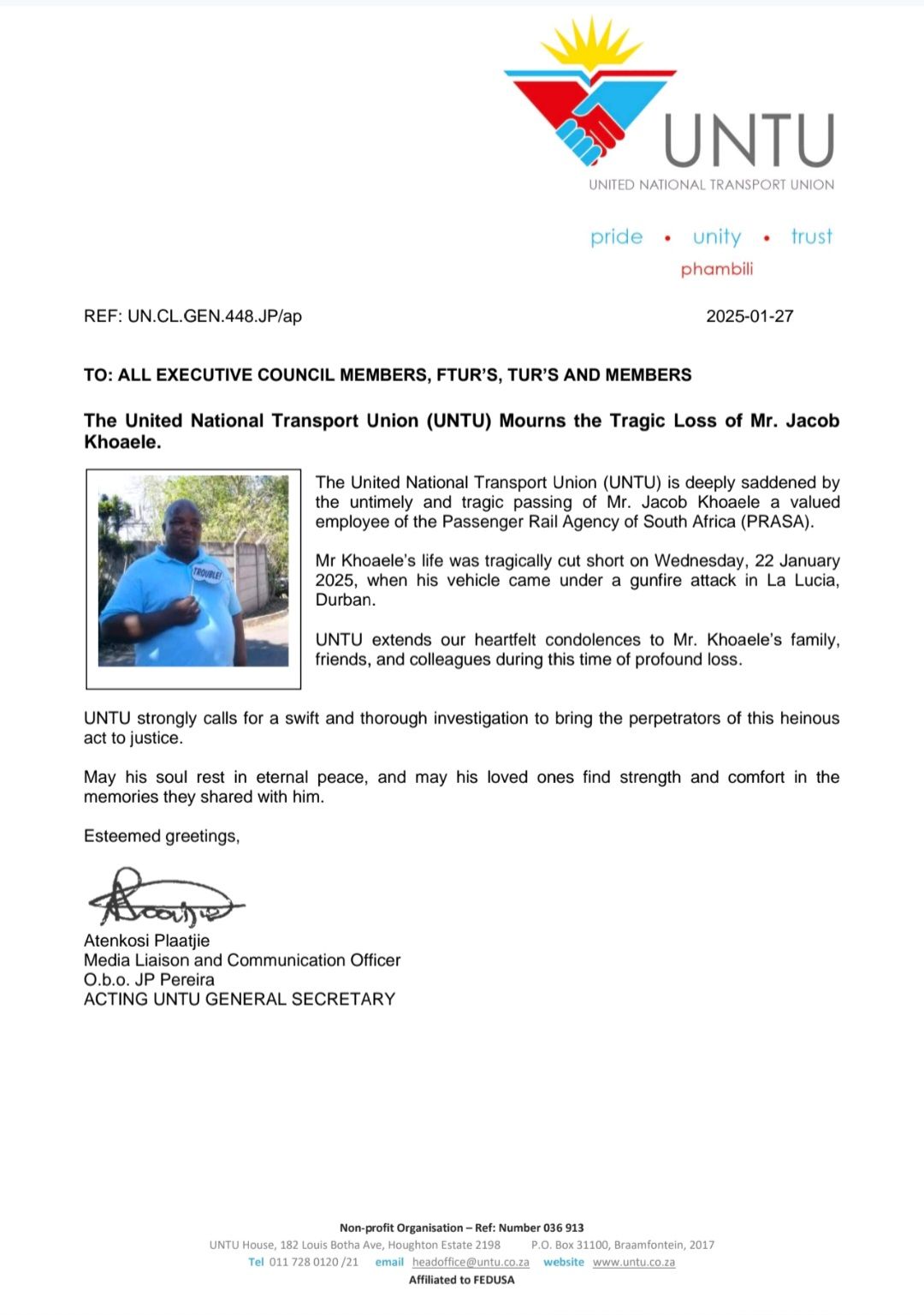 UNTU MOURNS THE TRAGIC LOSS OF MR JACOB KHOAELE – UNTU – United ...