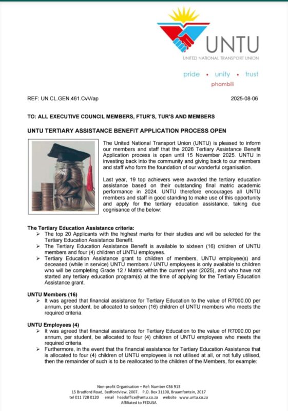 UNTU TERTIARY ASSISTANCE BENEFIT APPLICATIONS: OPEN – UNTU – United ...