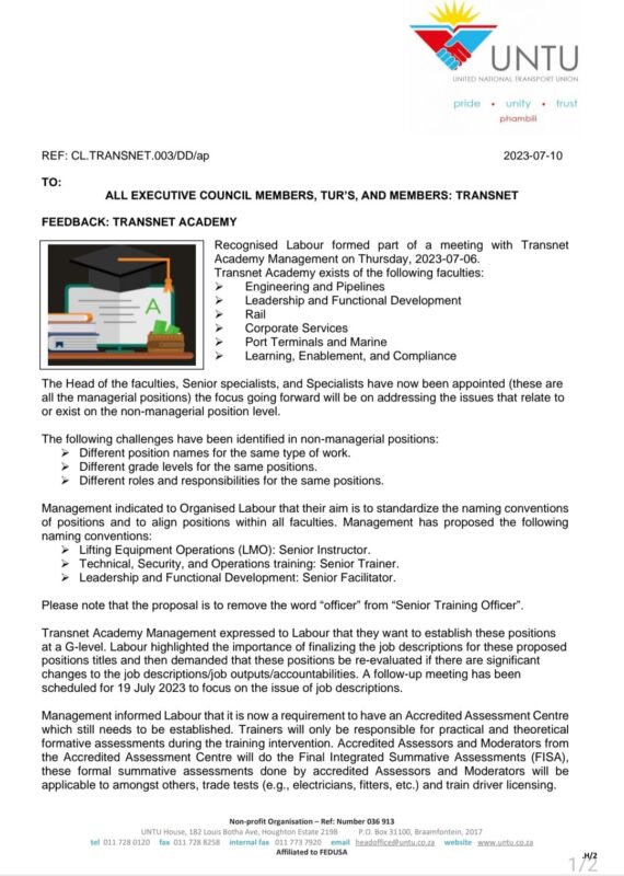 FEEDBACK: TRANSNET ACADEMY – UNTU – United National Transport Union