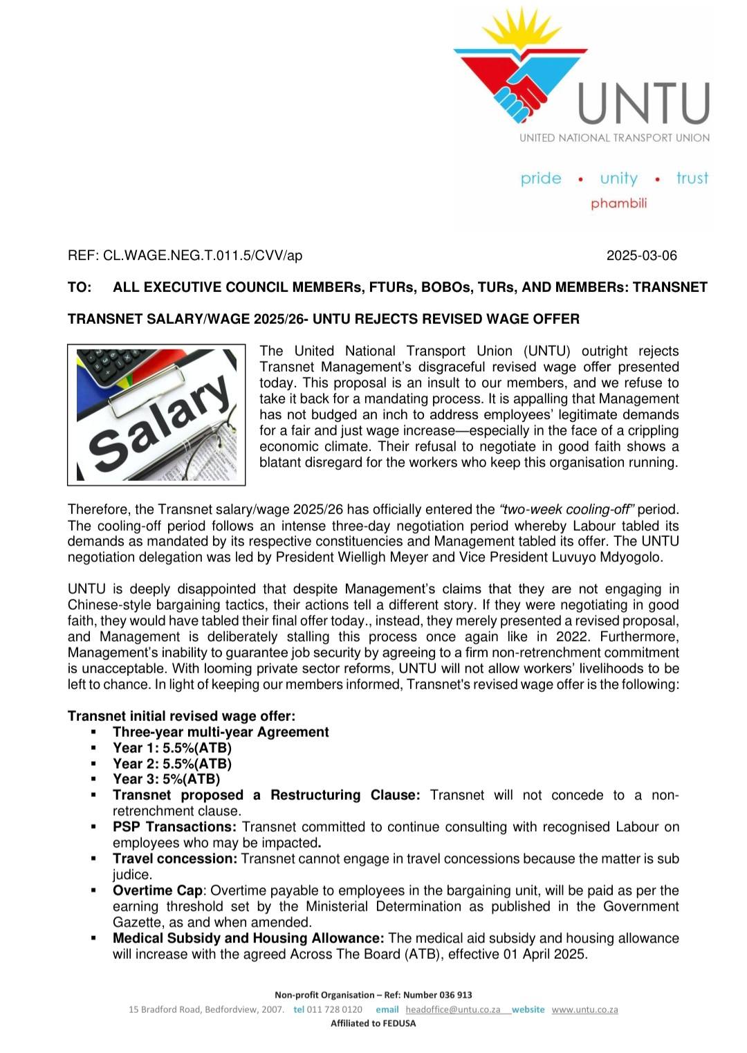 FEEDBACK: TRANSNET SALARY/WAGE NEGOTIATIONS 2025/26: UNTU REJECTS ...