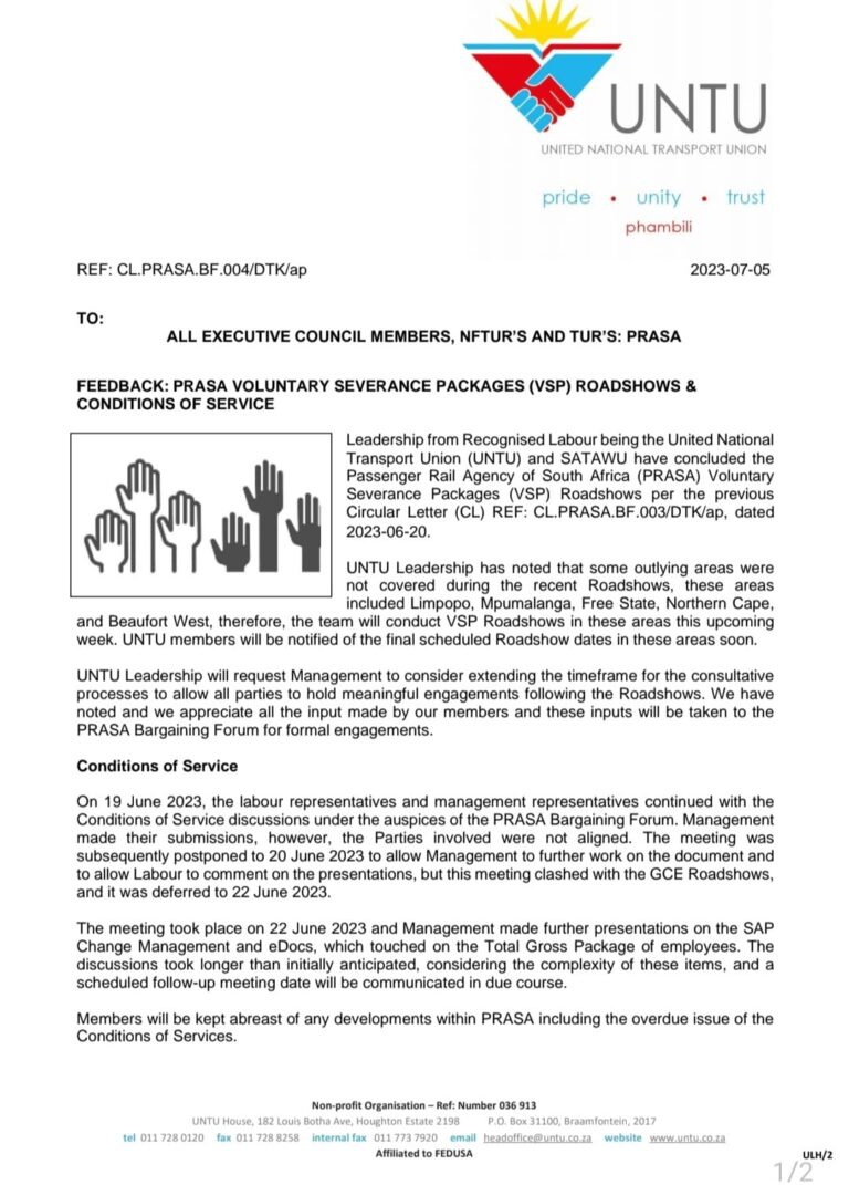 FEEDBACK:PRASA VOLUNTARY SEVERANCE PACKAGES(VSP) ROADSHOWS & CONDITIONS ...